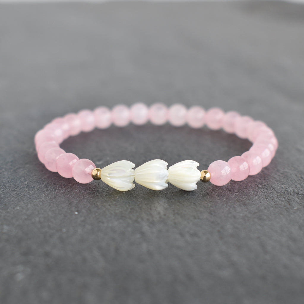 6mm Rose Quartz Stretchy Bracelet - Triple SMALL Pikake – Yay Hawaii